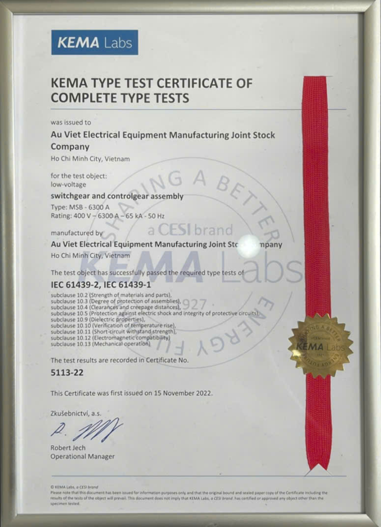Chứng nhận tủ điện KEMA Type Test - Tủ điện, thang máng cáp AUVIET